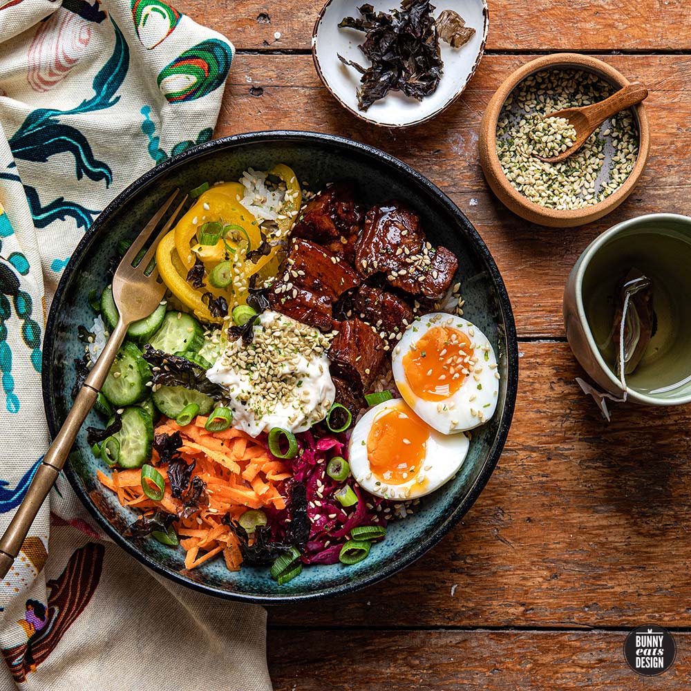 Rainbow Bowl: Sweet soy ginger braised pork belly | Bunny Eats Design